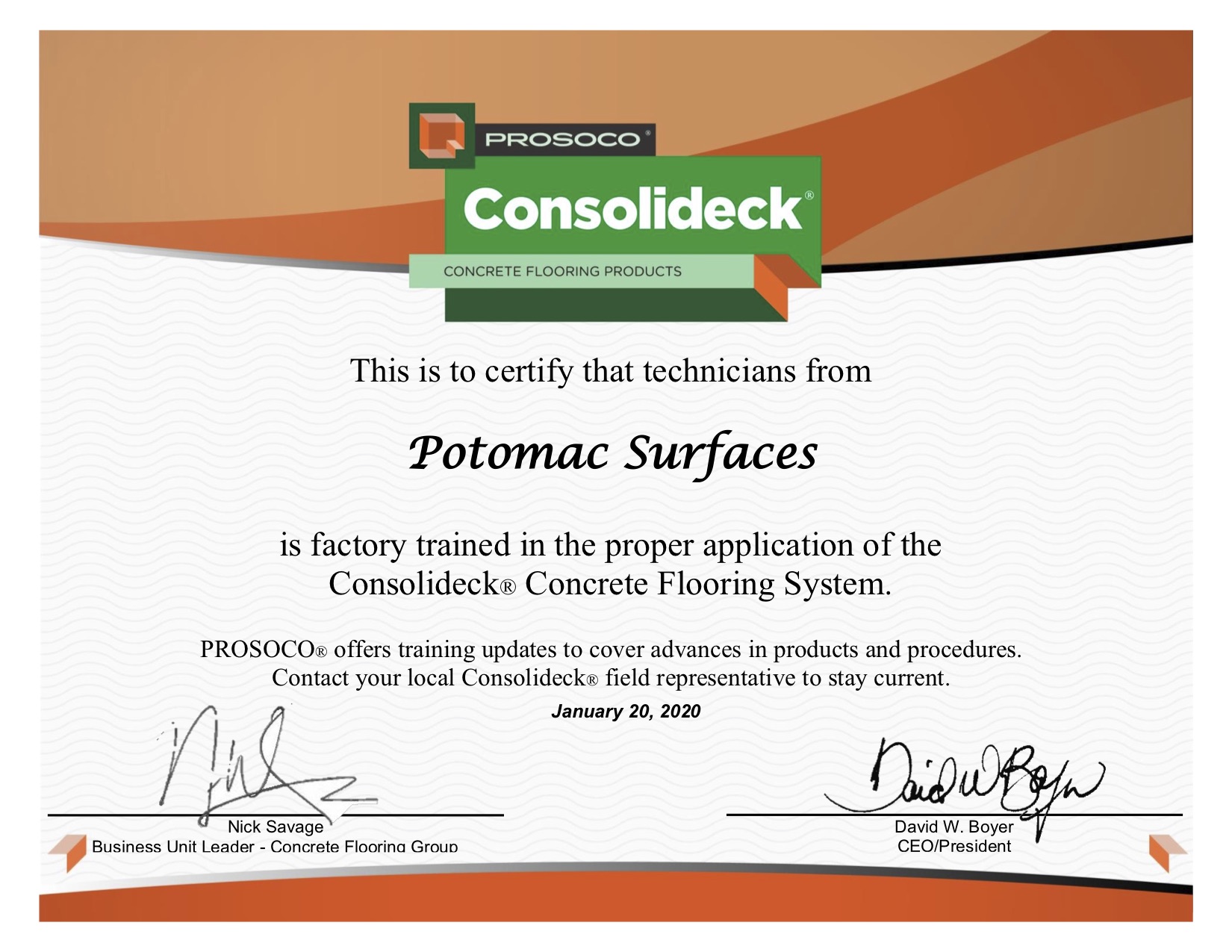 Potomac Surfaces certificate - Potomac Surfaces