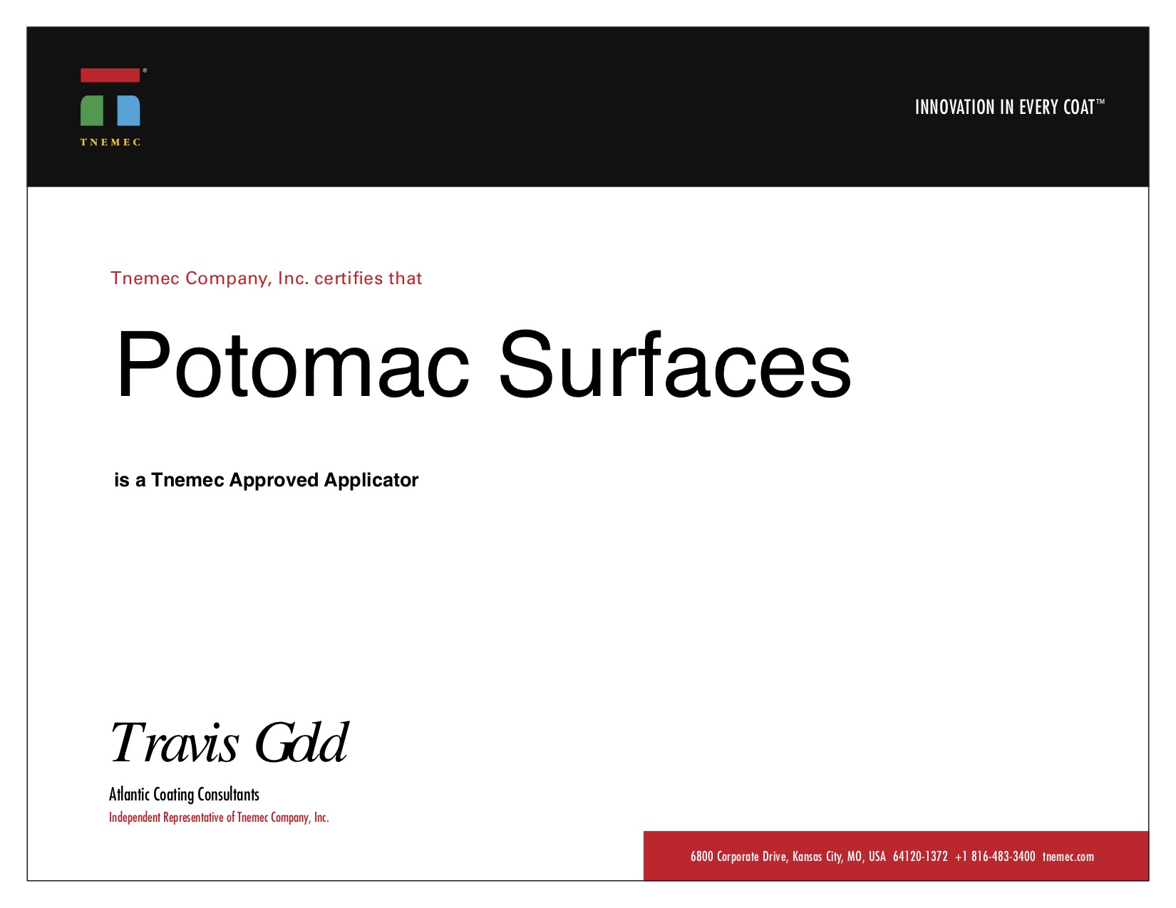 Tnemec Certificate Potomac Surfaces - Potomac Surfaces